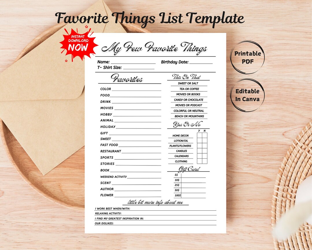 Employee Favorite Things List Template, Getting to Know About All My ...