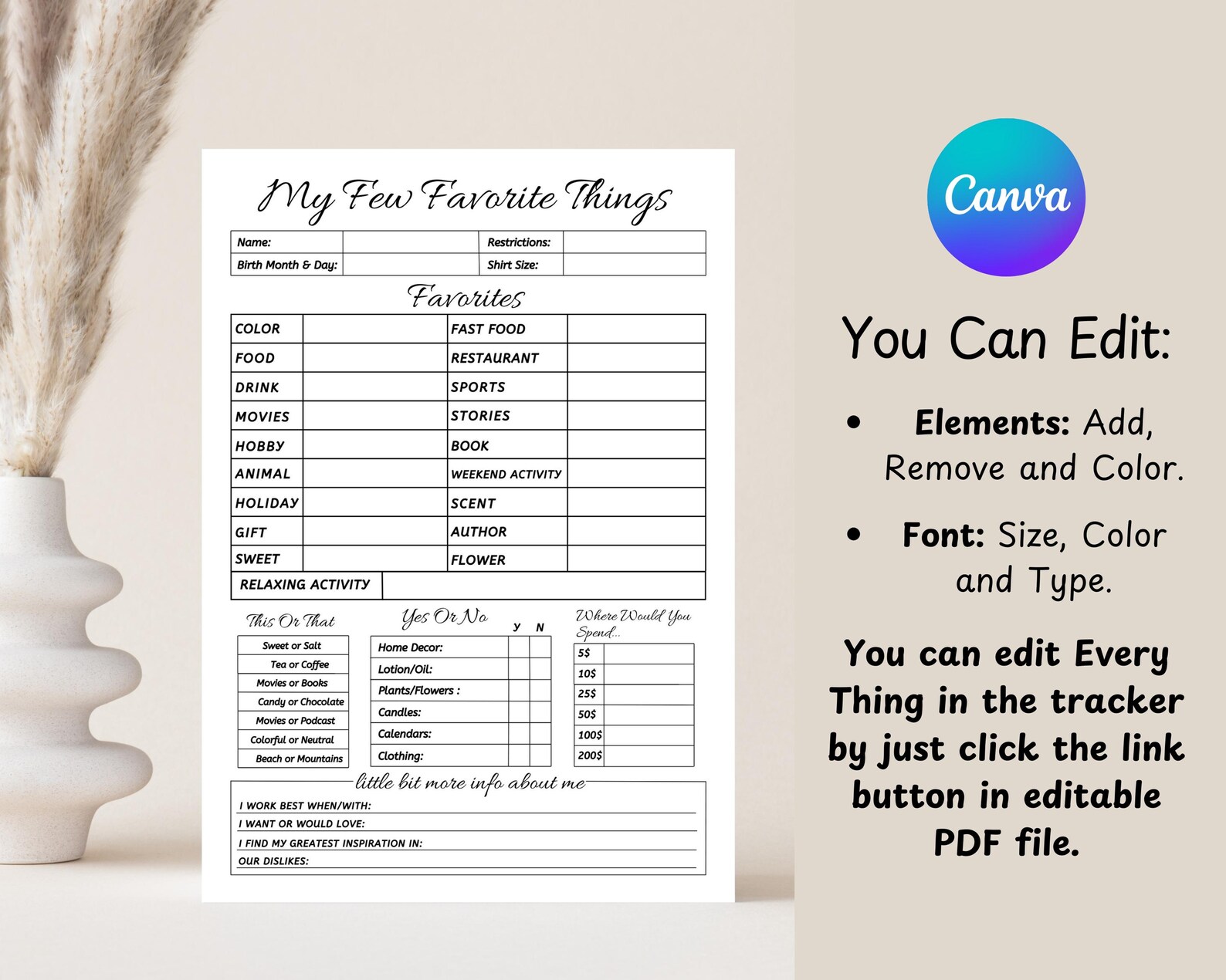 Printable Favorites List Survey for Staff Appreciation, Editable ...