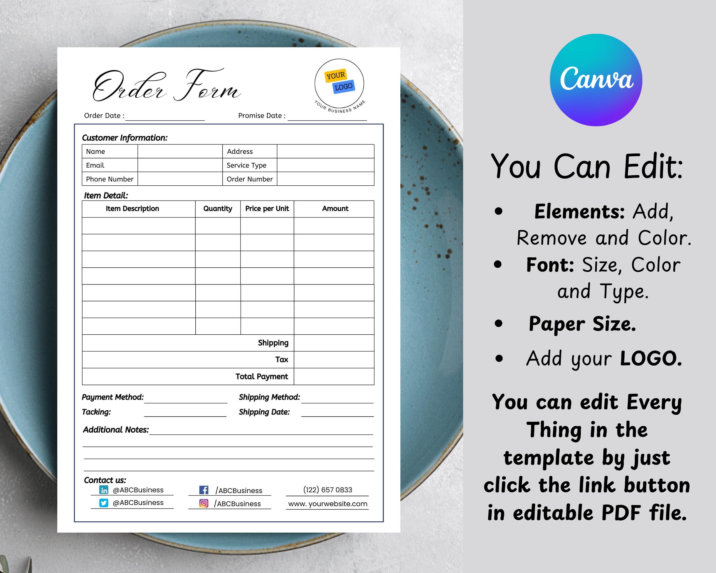 Printable Craft Business Order Form Invoice, Etsy General Business Custom Order Form, Editable ...