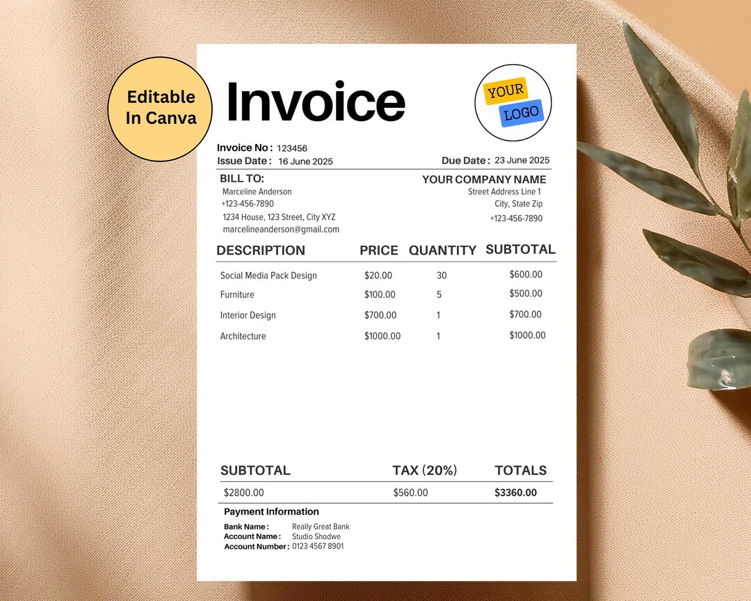 Customizable Quote Invoice Template for Small Business, Services ...