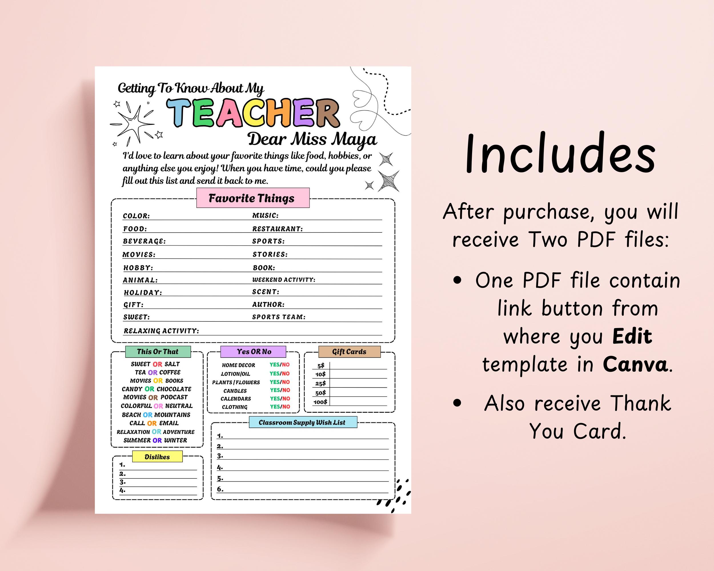 Editable Teacher Favorite Things List, All About My Teacher ...