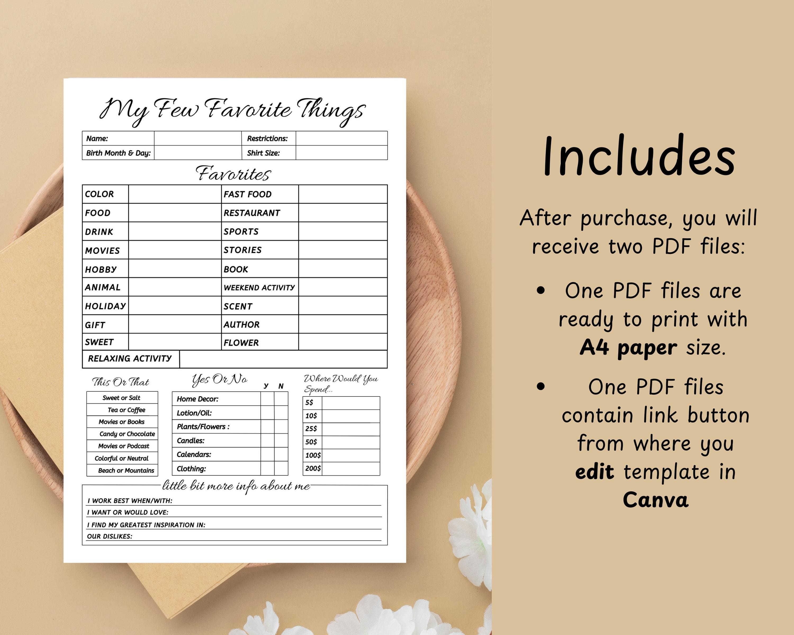 Printable Favorites List Survey for Staff Appreciation, Editable ...