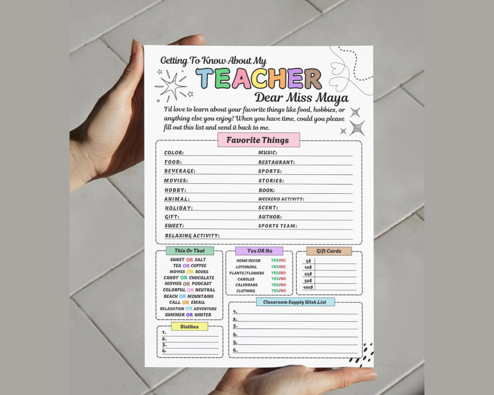Editable Teacher Favorite Things List, All About My Teacher ...