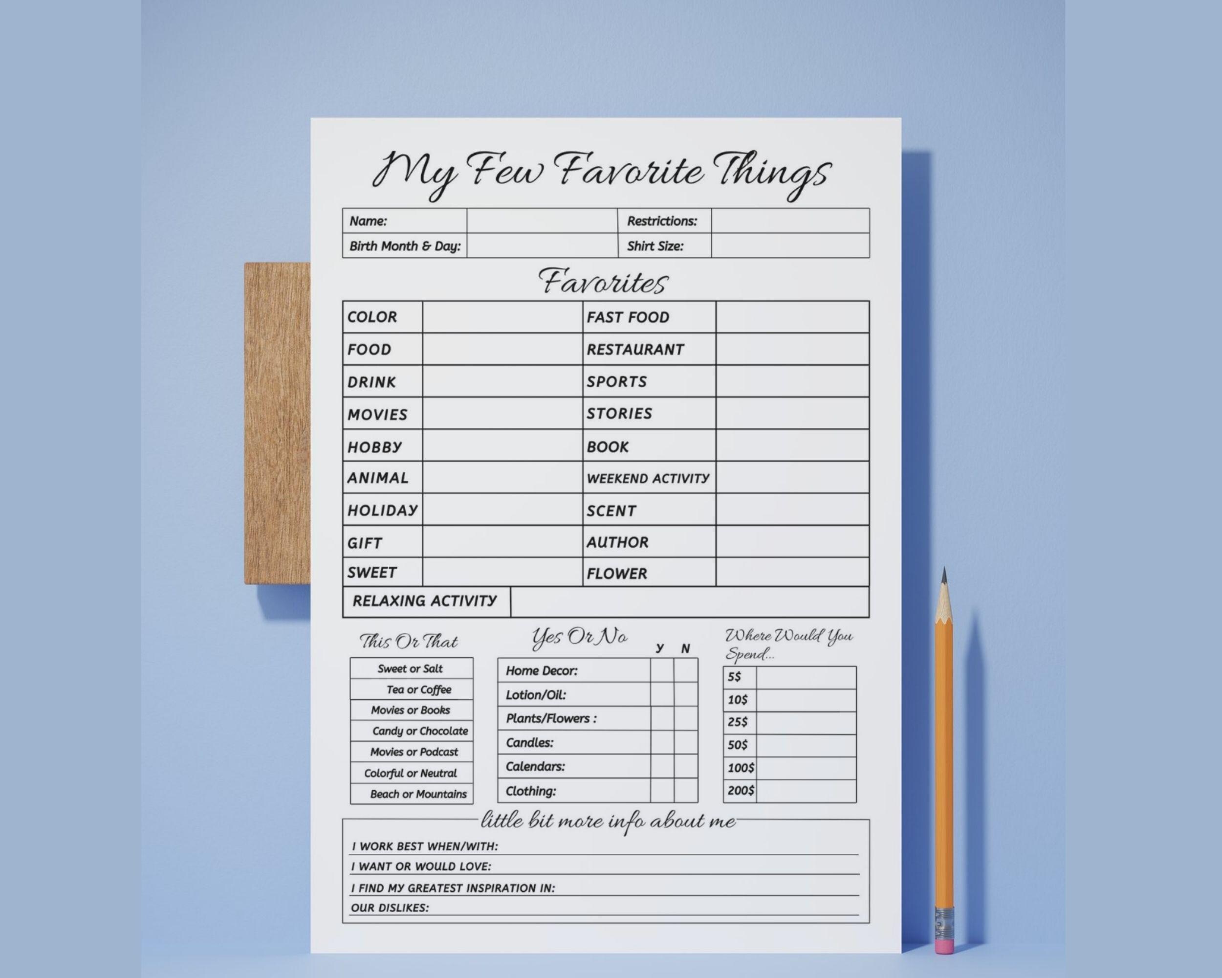 Printable Favorites List Survey for Staff Appreciation, Editable ...