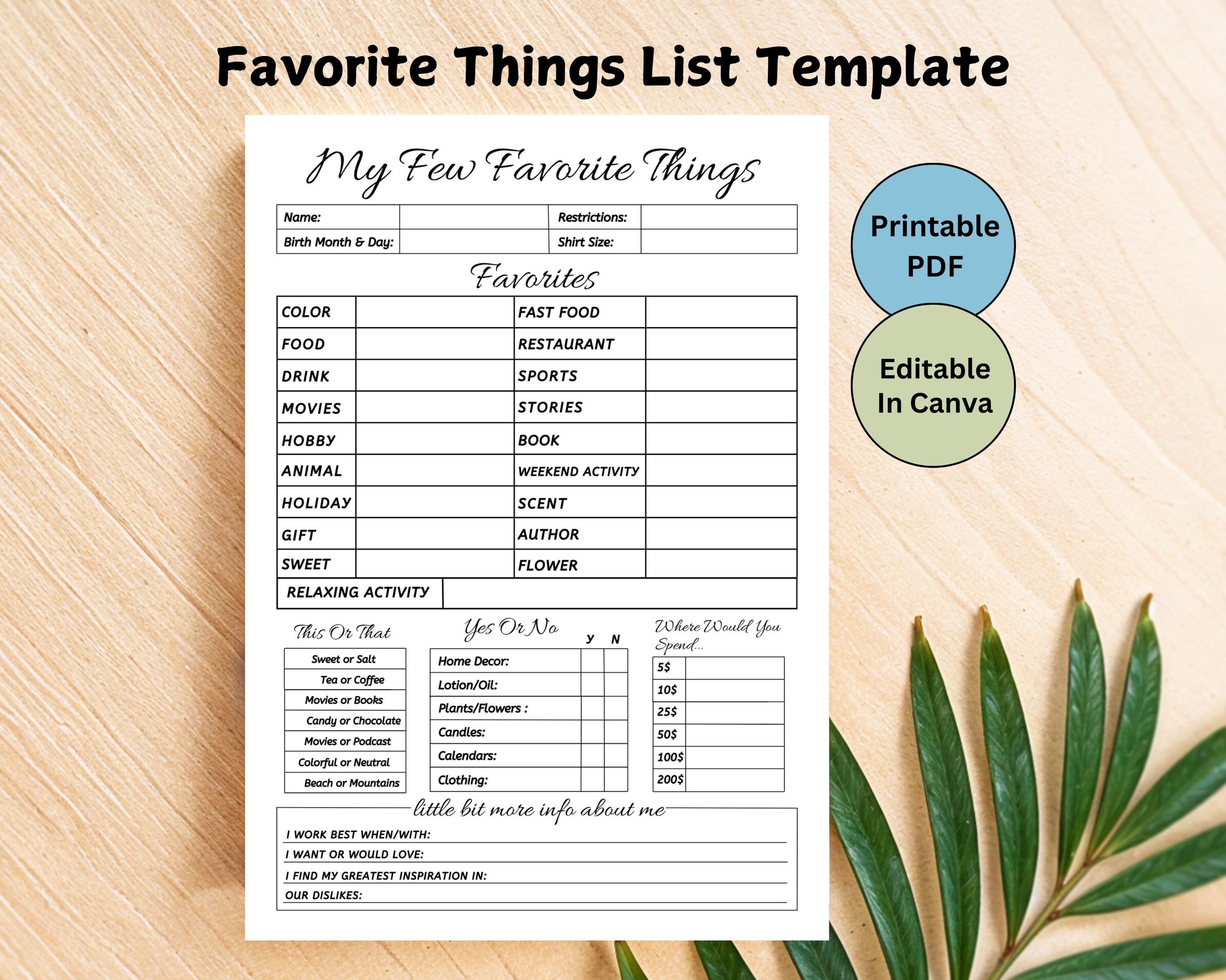 Printable Favorites List Survey for Staff Appreciation, Editable ...