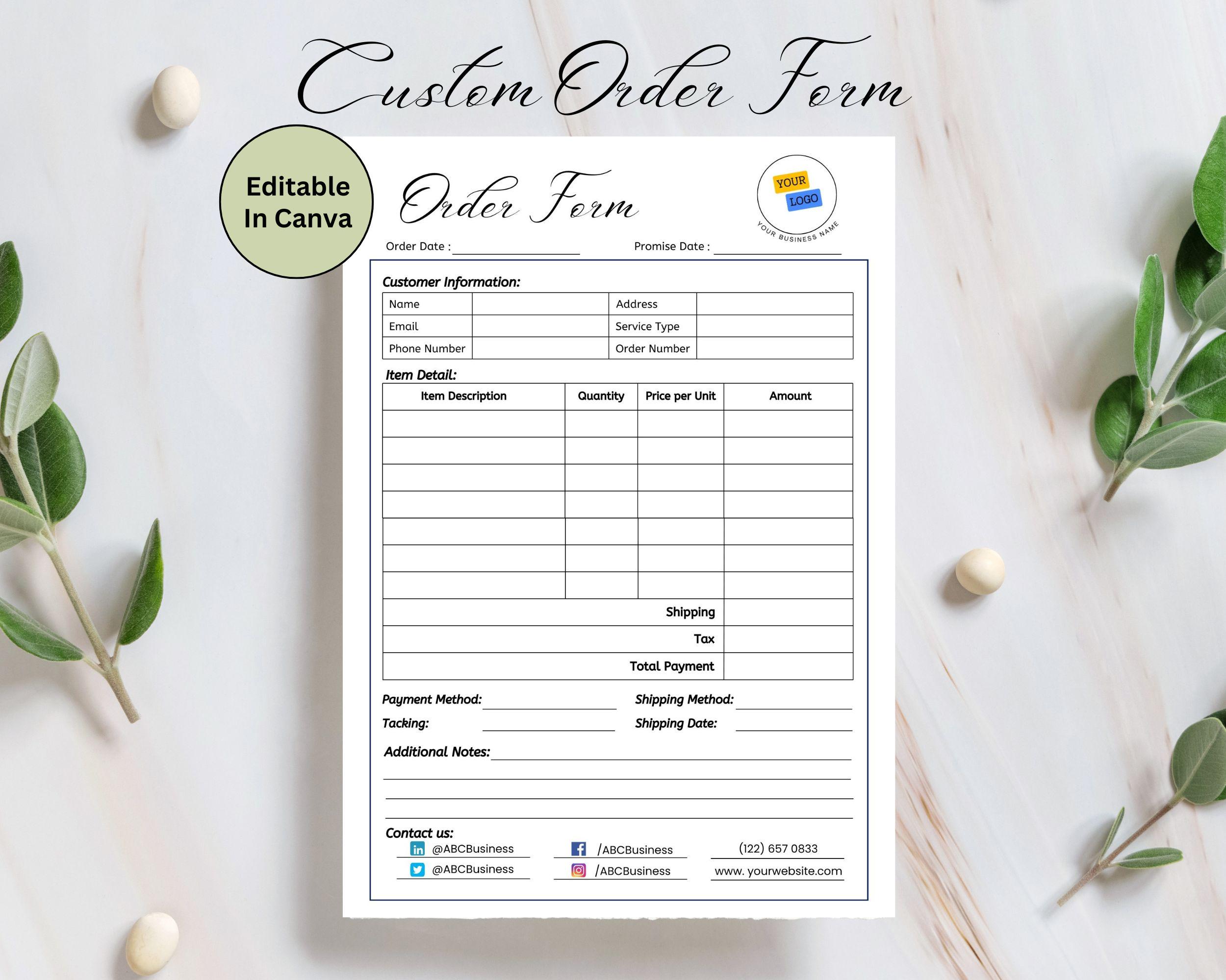 Printable Craft Business Order Form Invoice, Etsy General Business Custom Order Form, Editable ...