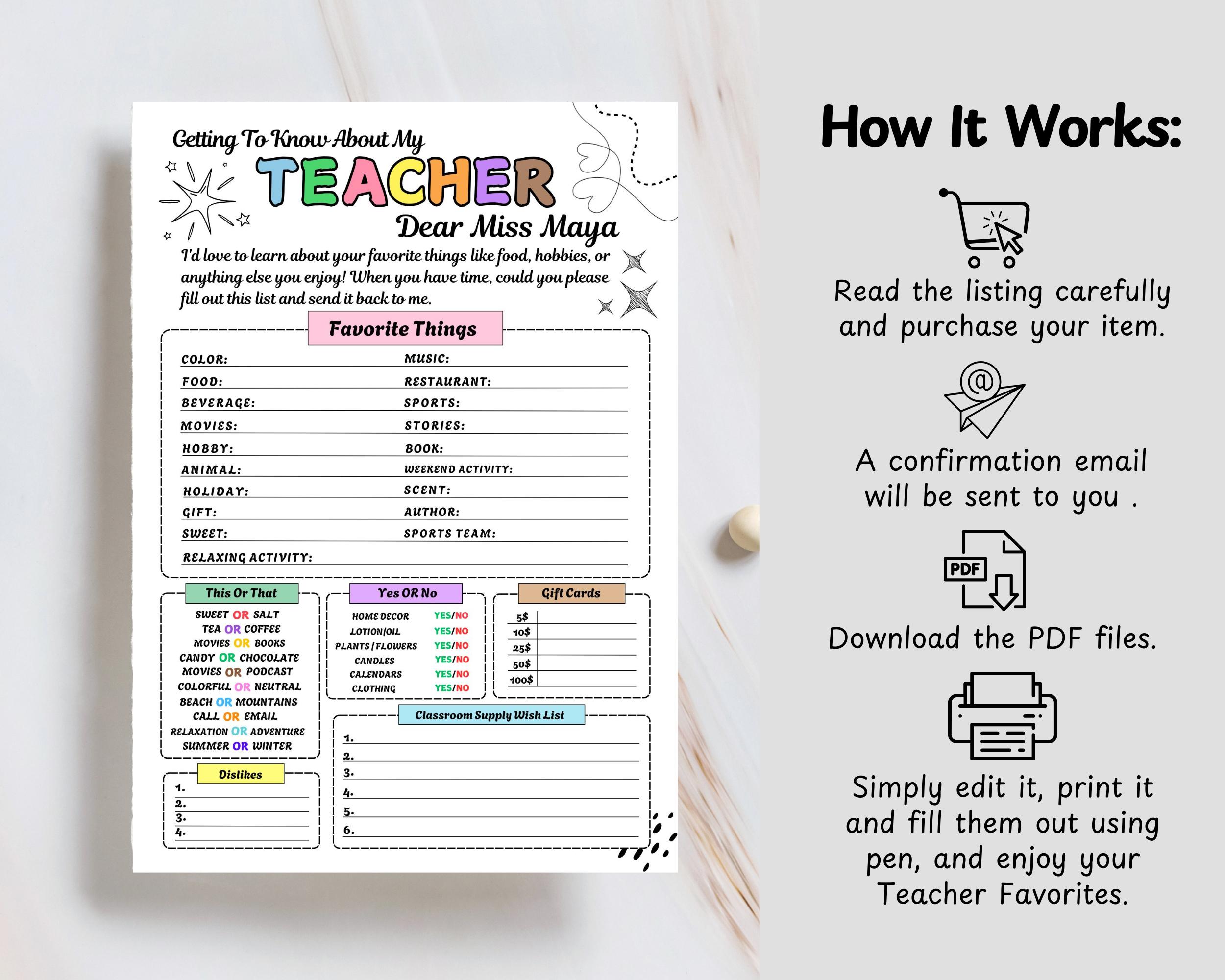 Editable Teacher Favorite Things List, All About My Teacher ...