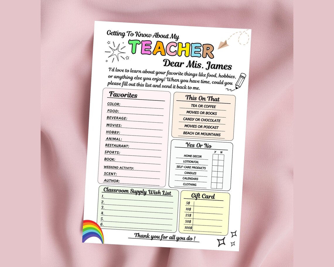 Editable New Teacher Favorite Things List, Beginning of the Year Survey ...