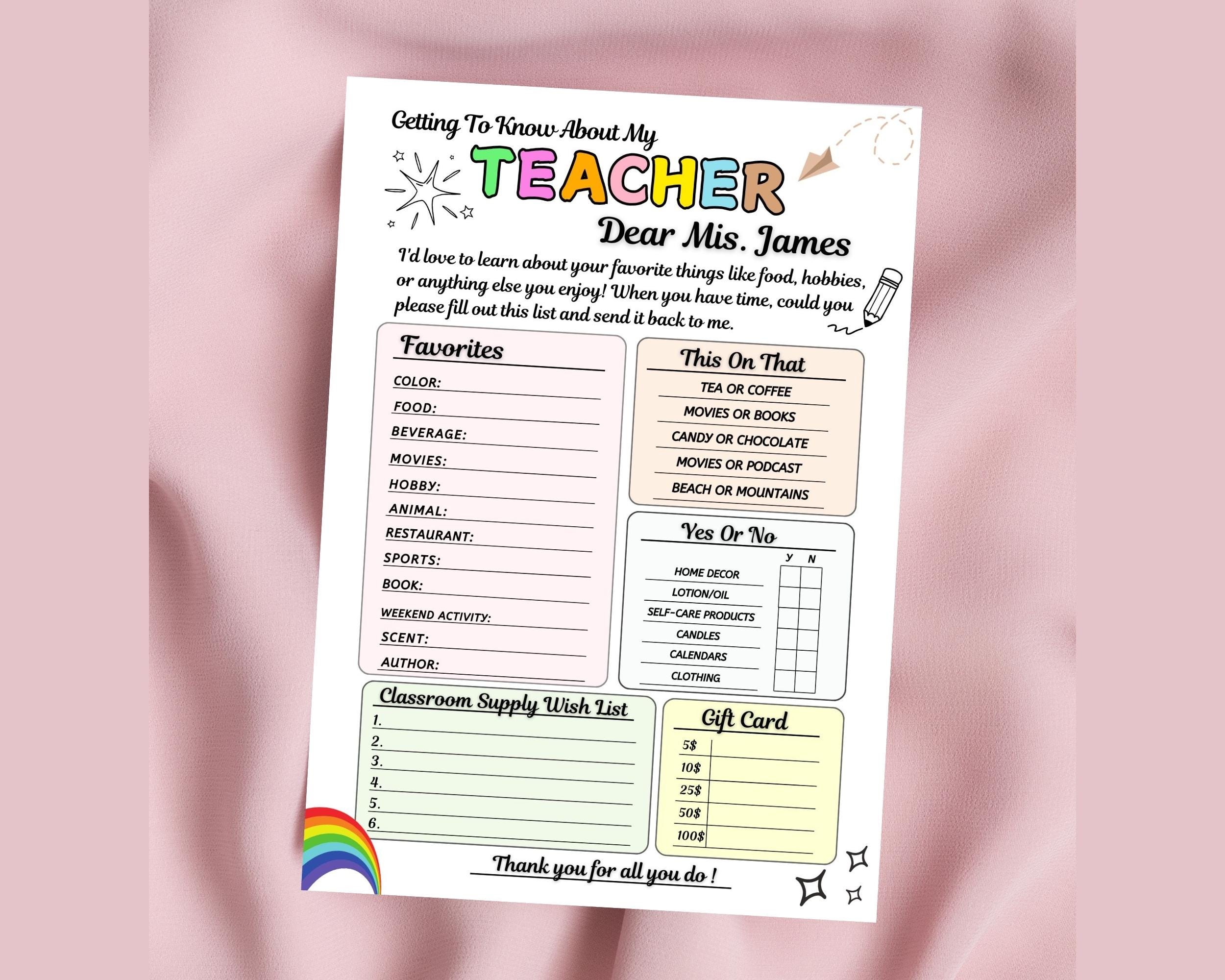 Editable New Teacher Favorite Things List, Beginning of the Year Survey ...