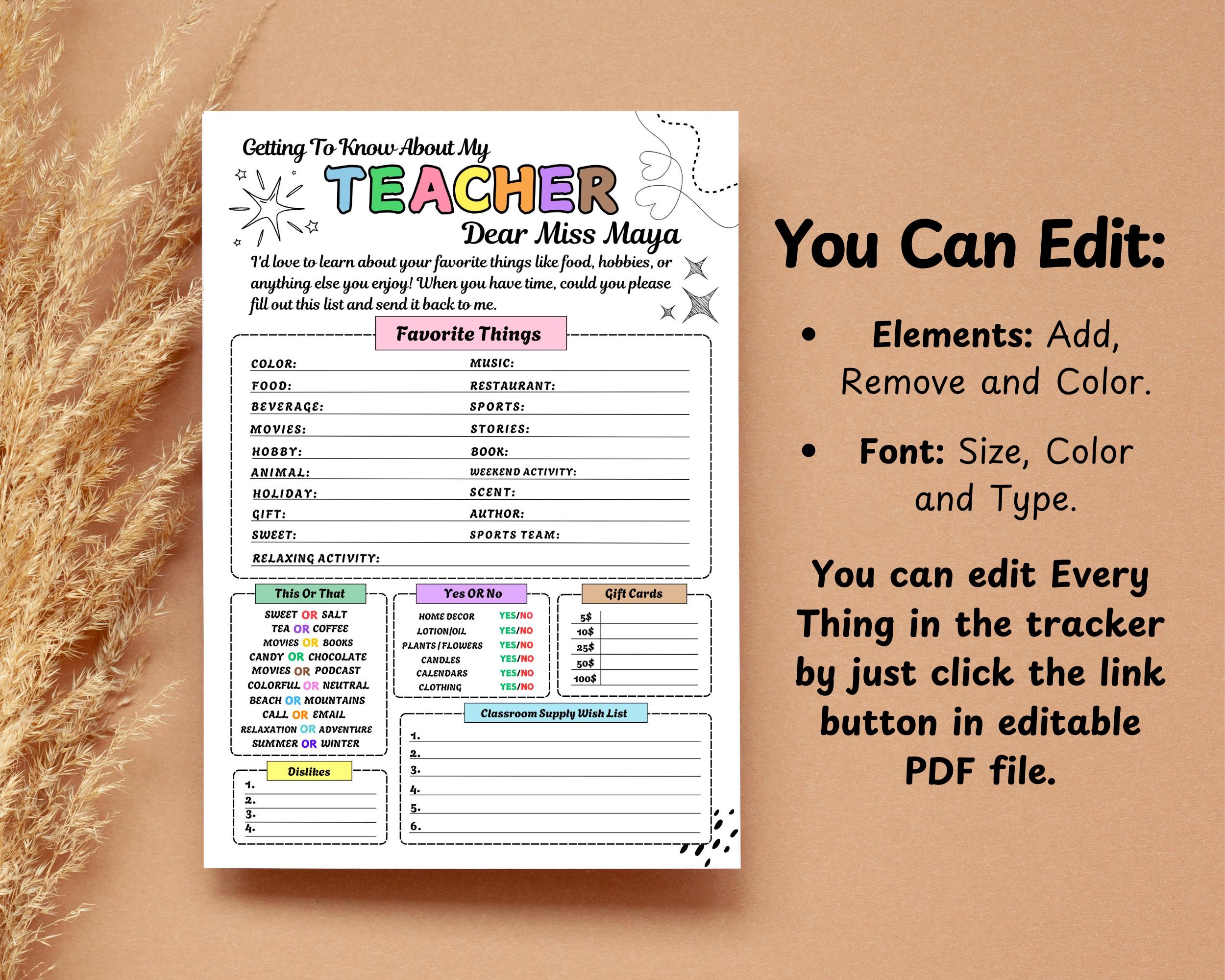 Editable Teacher Favorite Things List, All About My Teacher ...