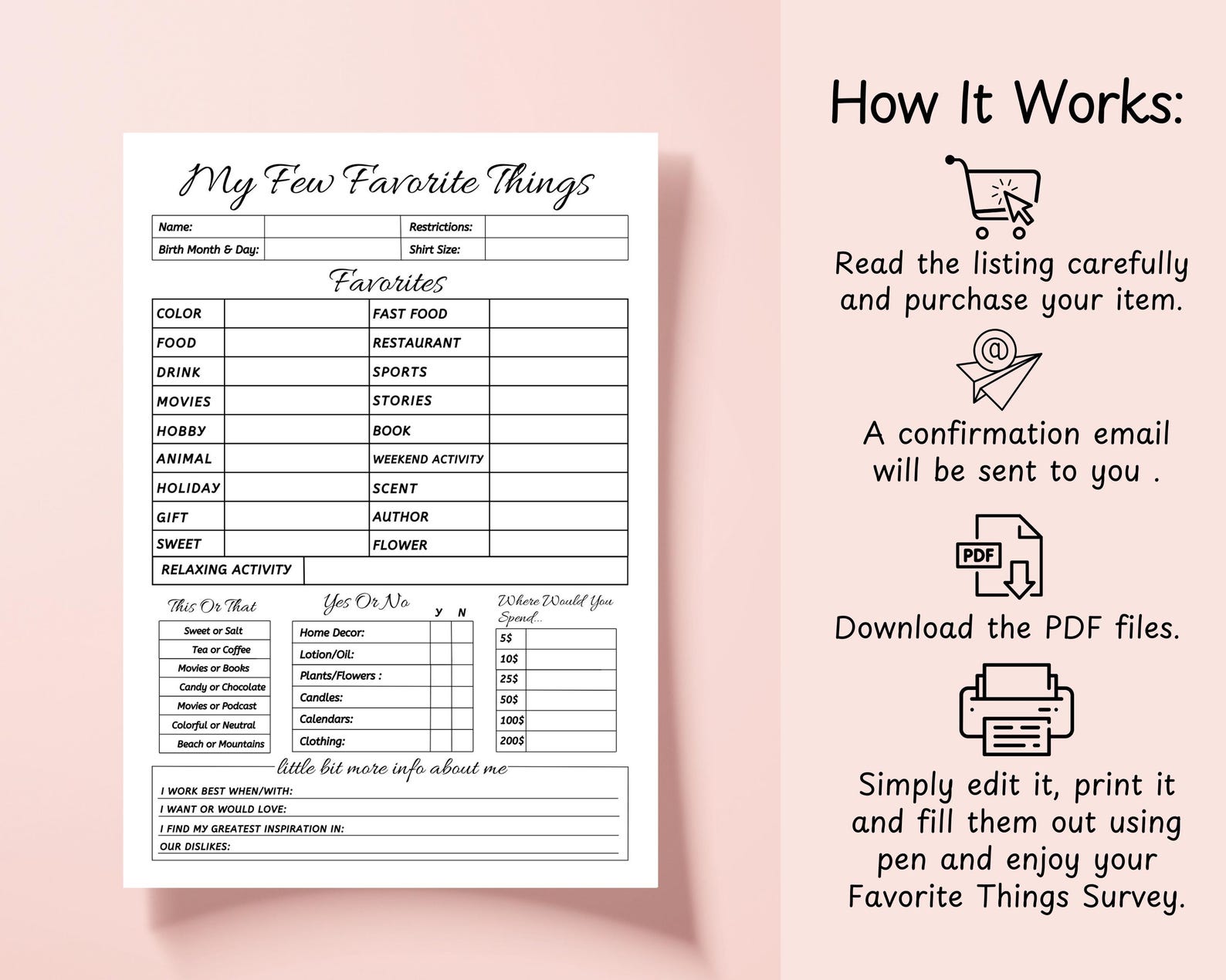 Printable Favorites List Survey for Staff Appreciation, Editable ...