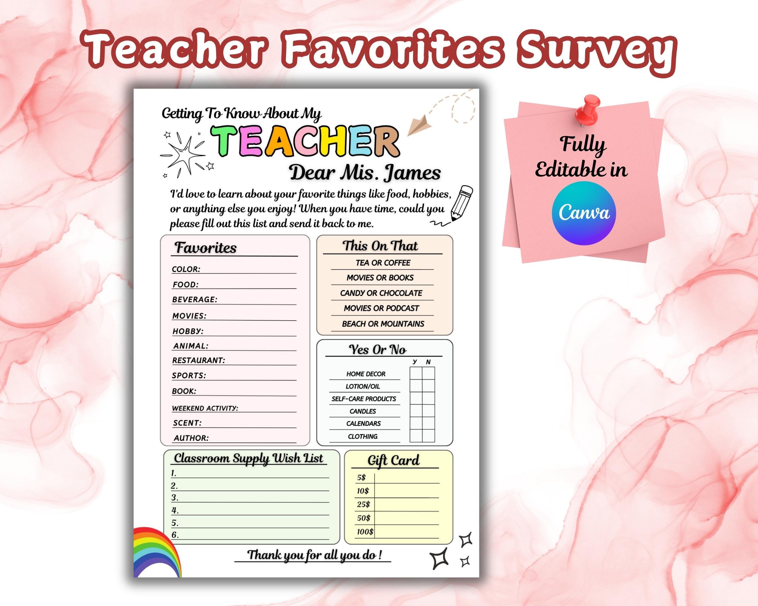 Editable New Teacher Favorite Things List, Beginning of the Year Survey ...