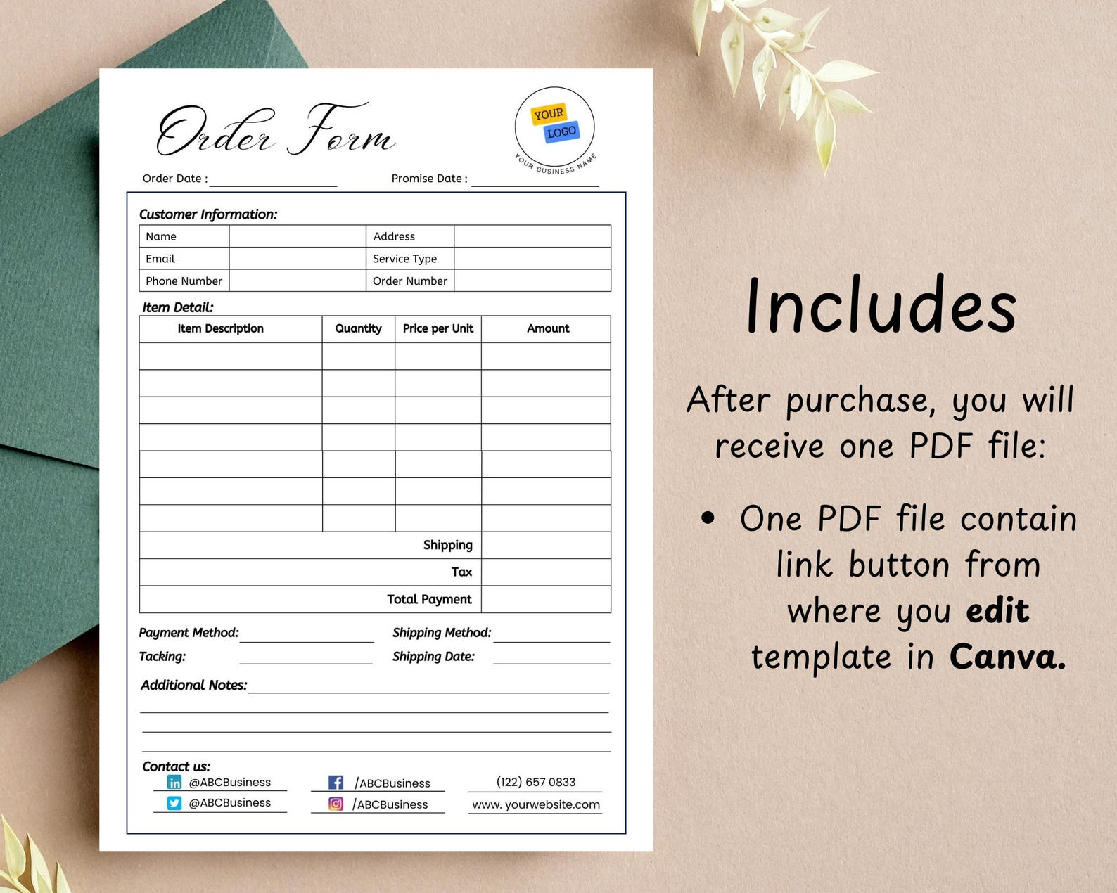 Printable Craft Business Order Form Invoice, Etsy General Business Custom Order Form, Editable ...