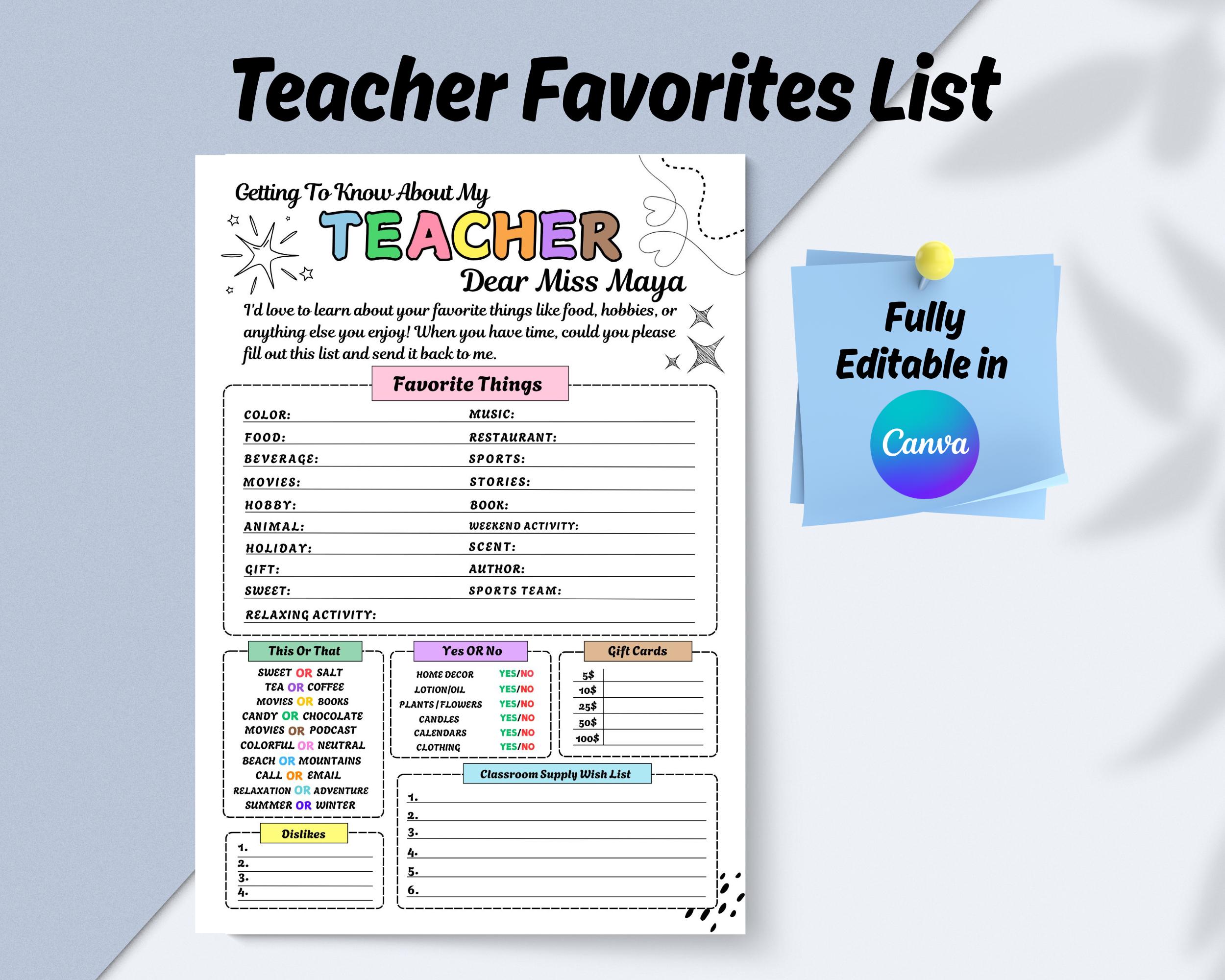 Editable Teacher Favorite Things List, All About My Teacher ...