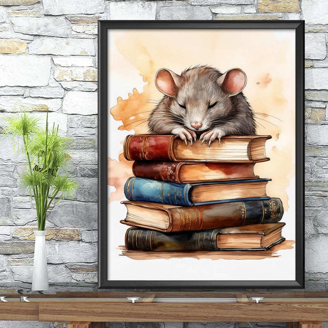Bookworm Rat Poster | Watercolor Reading Rat Art Print | Cozy Ink ...