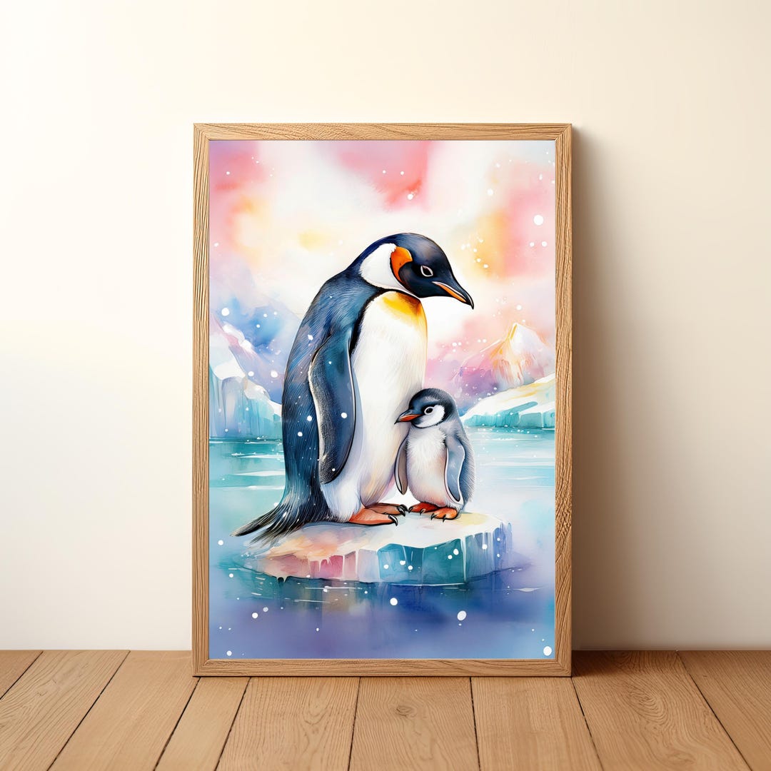 Watercolor Penguin Mom and Baby Art Print: Ocean Nursery Decor - Etsy