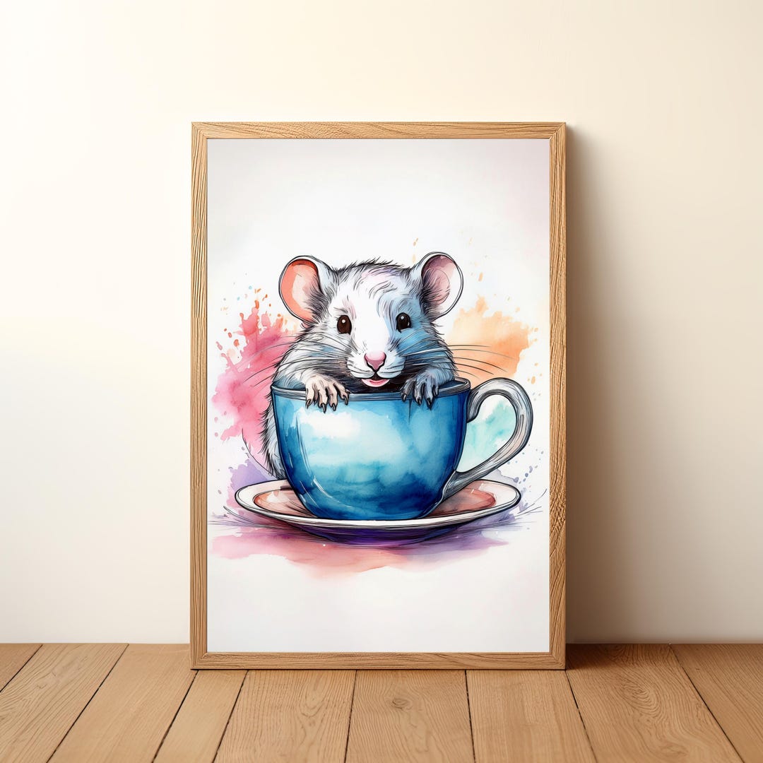 Tea Time Rat Poster | Watercolor Rat Art Print | Cute Ink Sketch Animal ...