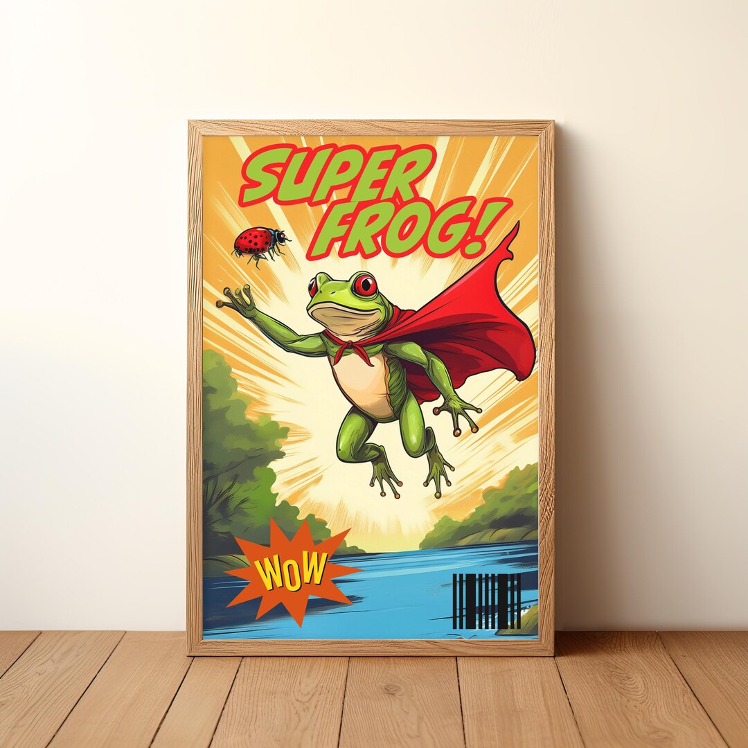 Superhero Frog Poster – Funny Flying Frog Wall Art – Comic Book Style ...