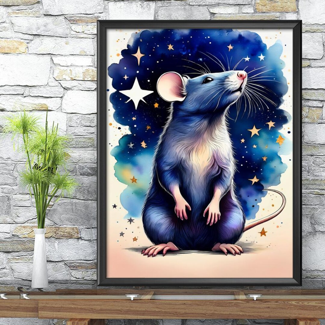 Starry Night Rat Poster | Watercolor Celestial Rat Art Print | Moonlit Animal Wall Decor ...