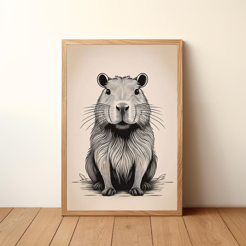 Minimalist Capybara Line Art Poster – Black and White Animal Wall Print ...