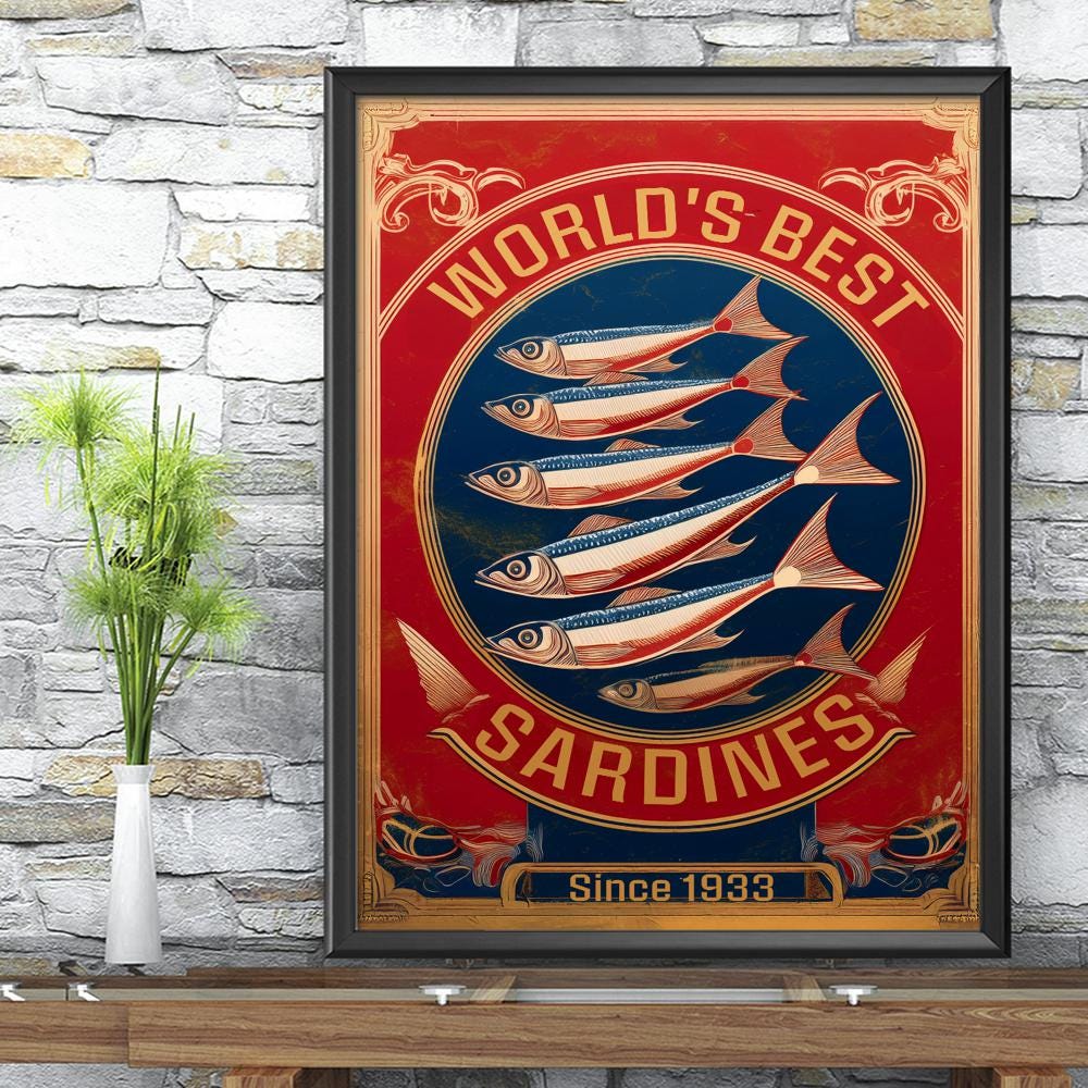 Vintage Sardine Poster – Retro Fish Can Label Wall Art, Kitchen or ...