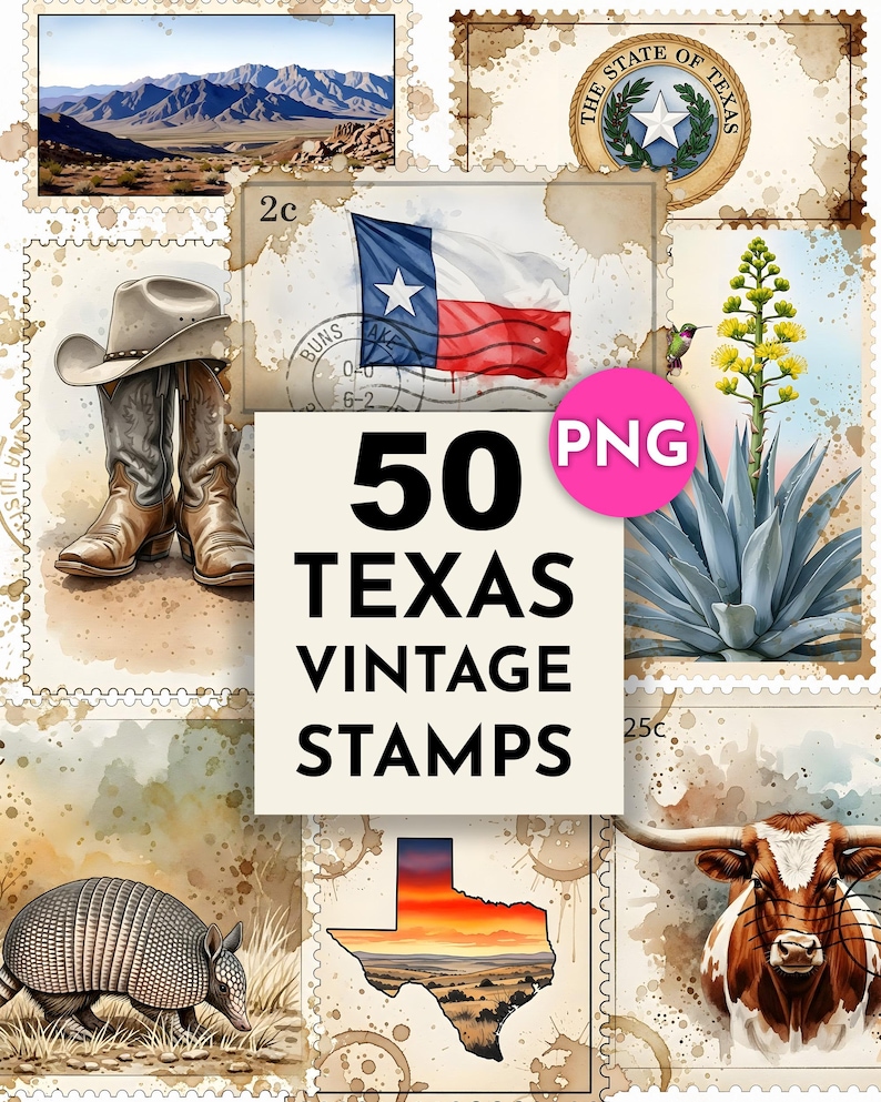 Texas Postage Stamps PNG Clipart Set of 50 Vintage TX Watercolor Bundle ...