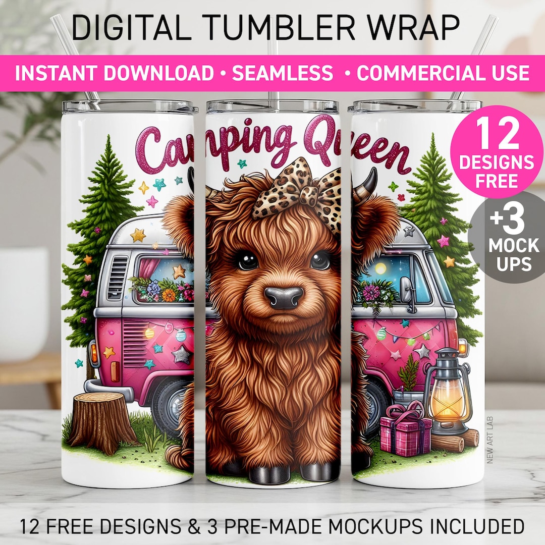 Camping Highland Cow Tumbler Wrap Funny Cute Summer Camper Sublimation ...