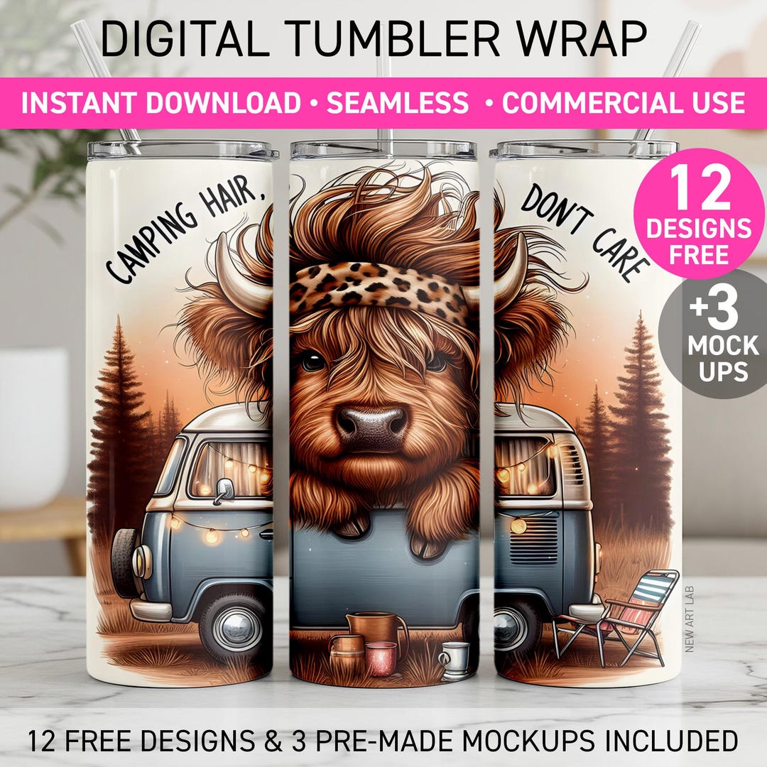 Funny Camping Highland Cow Tumbler Wrap Cute Summer Camper Sublimation ...