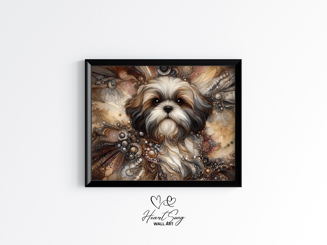 Shih Tzu Printable Dog Painting, Rustic Abstract Wall Art With Flowing ...