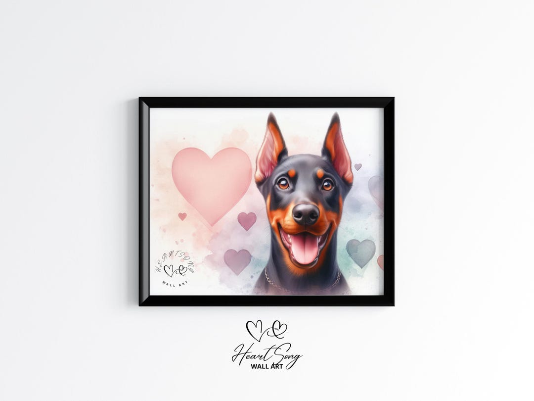 Doberman Puppy Valentine Heart Art - Cottagecore Dog Printable Painting ...