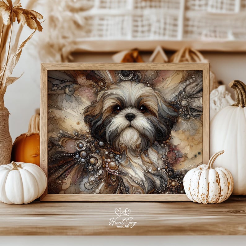 Shih Tzu Printable Dog Painting, Rustic Abstract Wall Art With Flowing ...