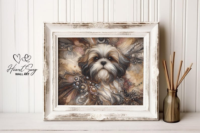 Shih Tzu Printable Dog Painting, Rustic Abstract Wall Art With Flowing ...