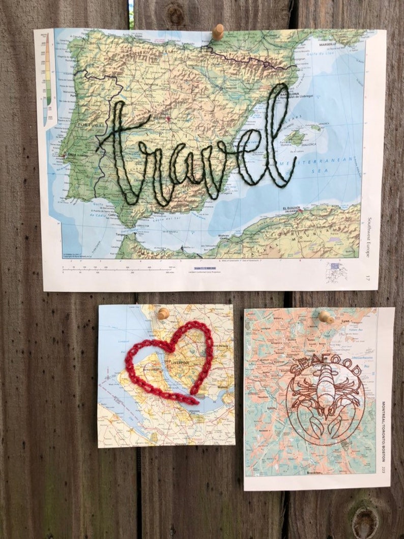 New York Hand Stitched Heart Vintage Map 5x7 for Wedding, Engagement ...