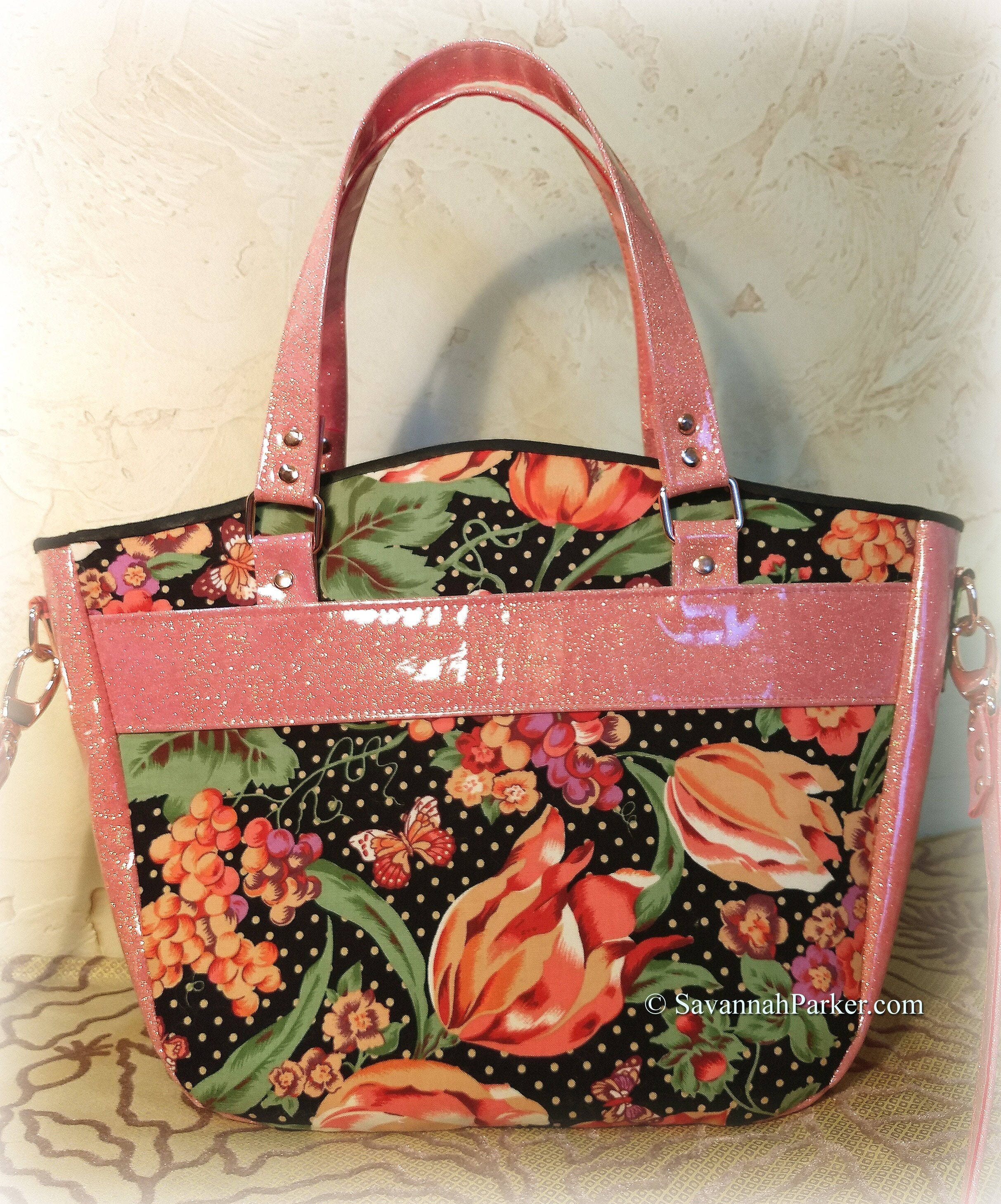 Coral Rose-Gold Glitter Vinyl Large Floral Handbag -Shoulder Coral Rose-Gold Glitter Vinyl Large Floral Handbag -Shoulder