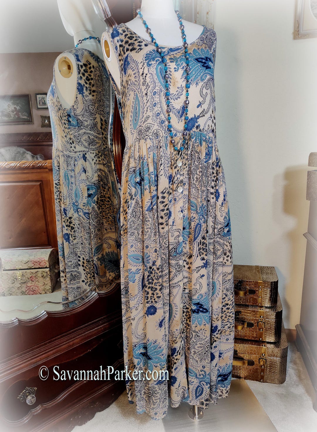 Vintage 90s BILA Summer Dress - Boho Persian Blue/beige Print - Crinkle ...