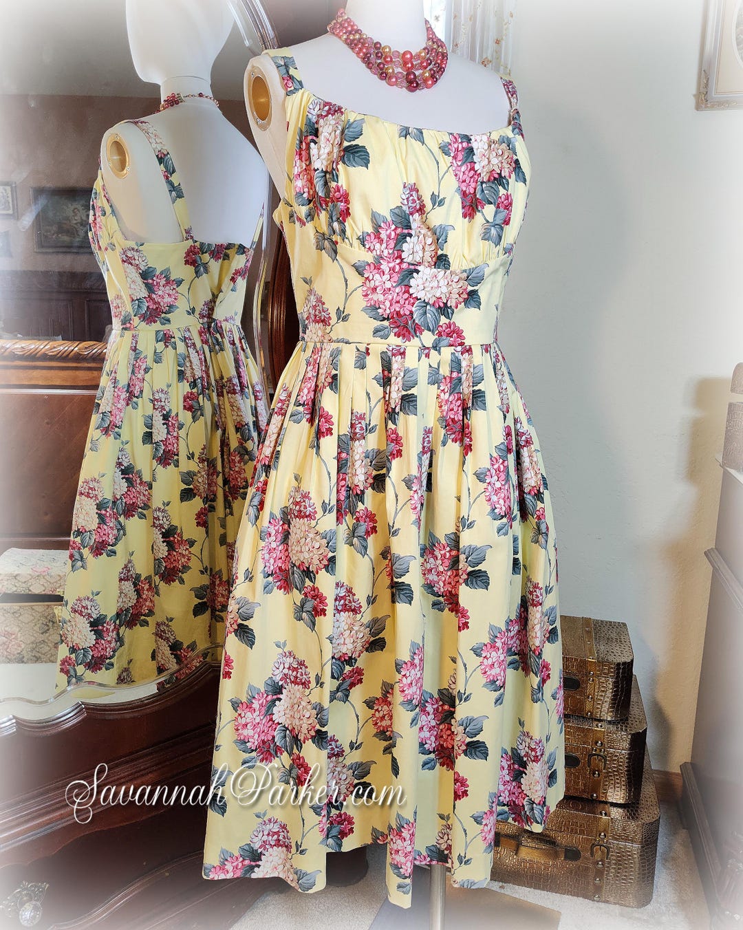 Vintage Inspired Marilyn 1950s Style Butter Yellow Pink Floral Garden ...