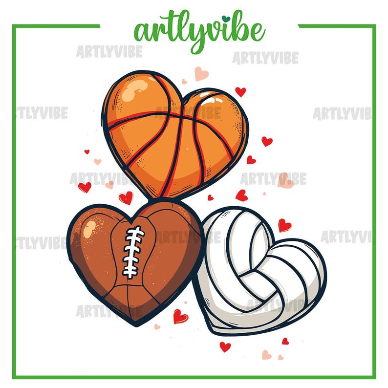 Sports Love PNG, Basketball Football Volleyball Heart Design, Valentine ...