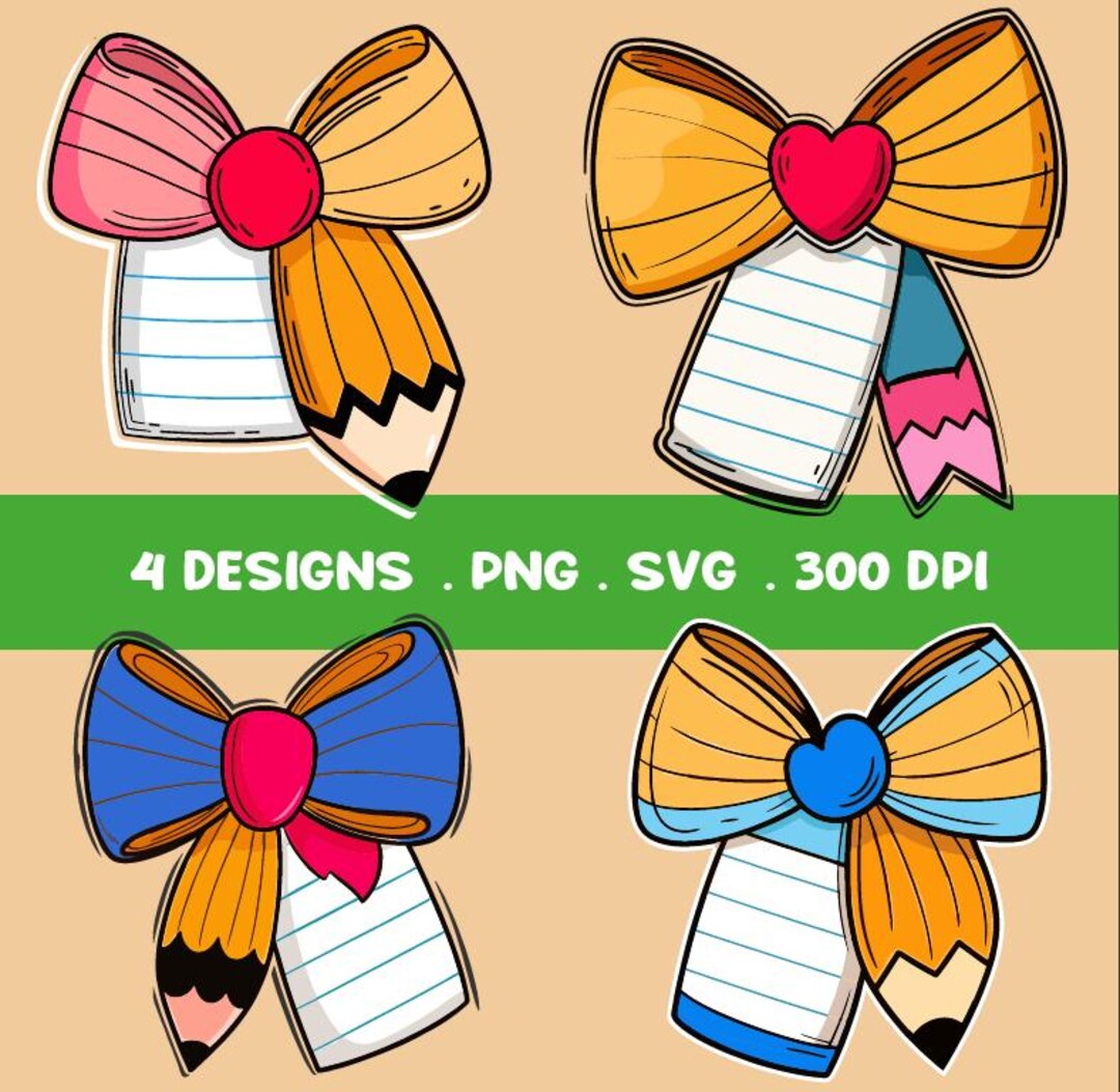 Teacher Bow PNG Bundle, Pencil Bow Clipart, 100 of School PNG, Cute ...