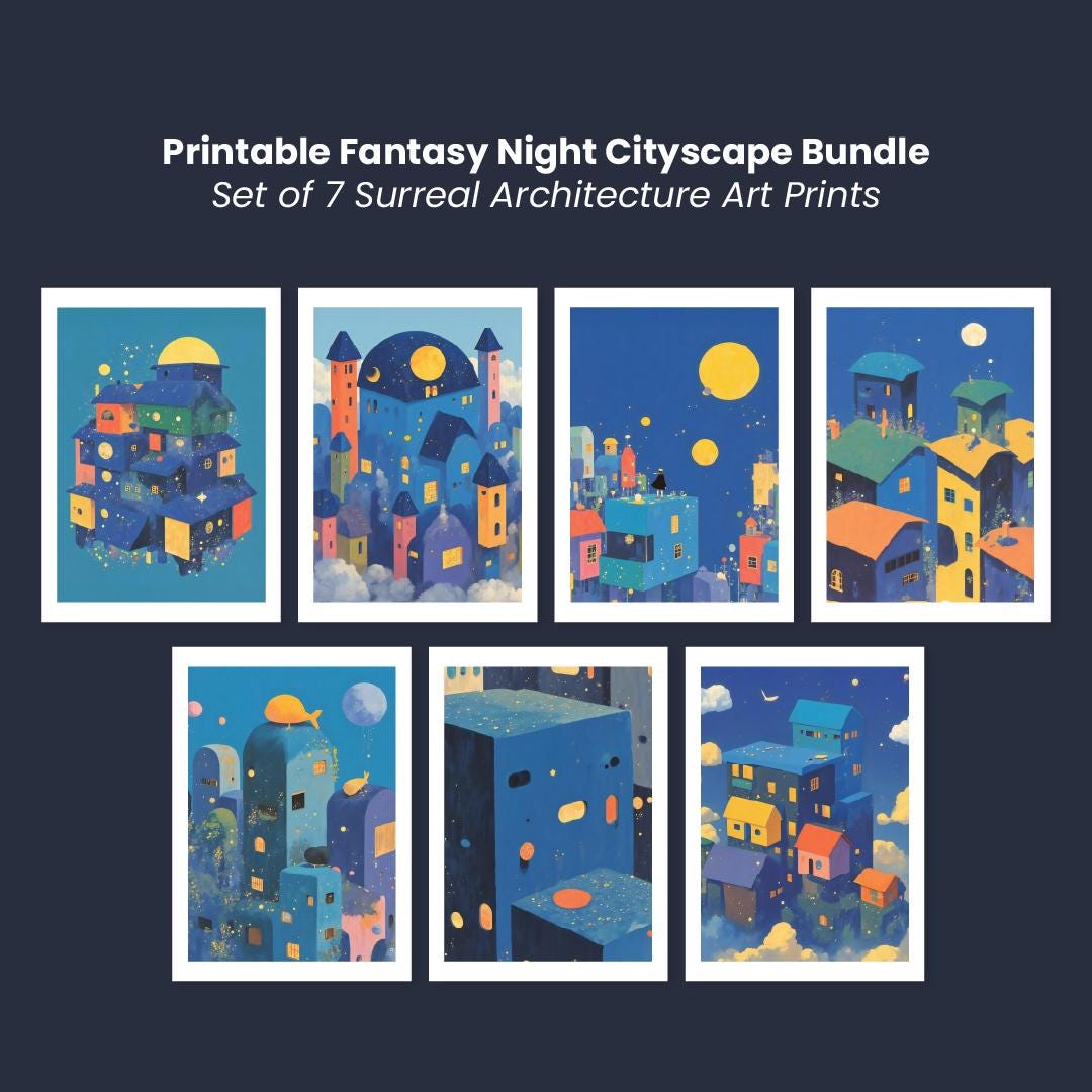 Set of 7 Printable Fantasy Night Cityscape Bundle – Surreal Architecture Art Prints | Dreamy ...