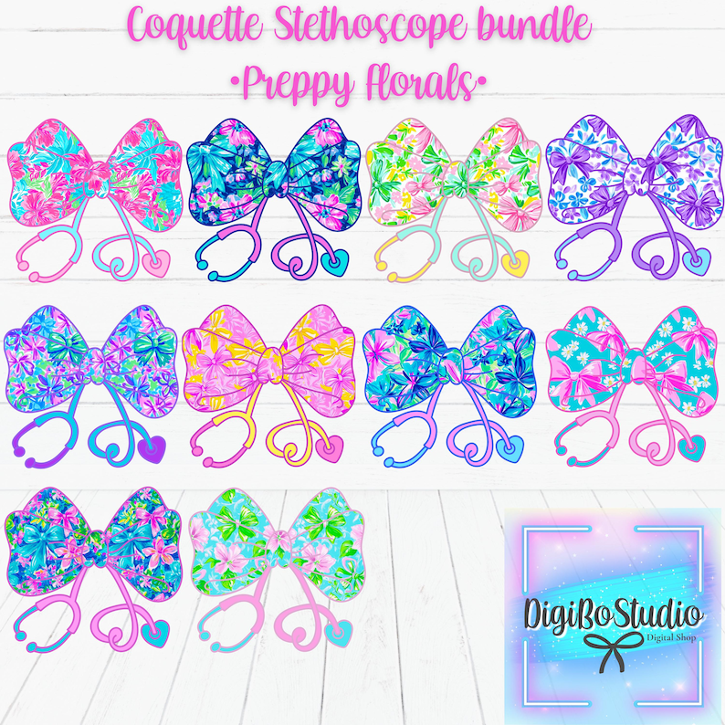 Stethoscope Bow Preppy Floral Clipart PNG Bundle | Coquette Nurse ...