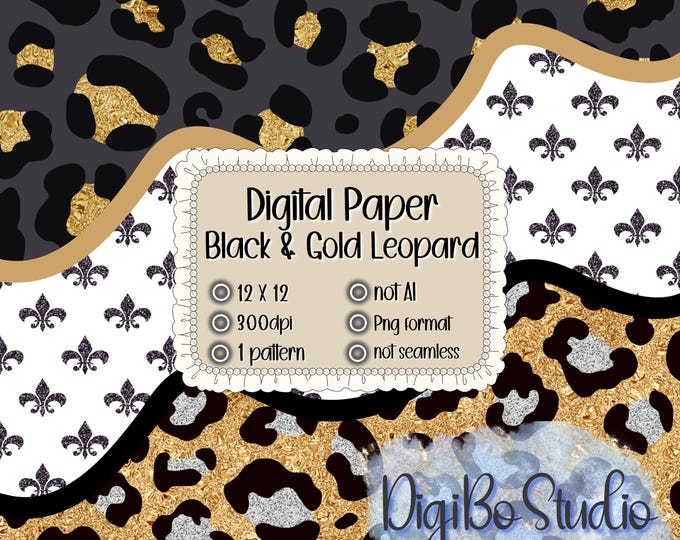 Black Gold Leopard Print Digital Pattern Paper | Glitter Fleur De Lis ...