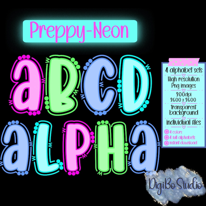 Preppy Neon Alphabet Bundle | Whimsy Bubbly Alpha Font | Florescent ...