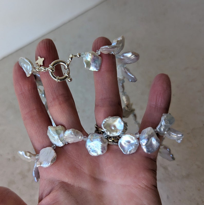 Large Keshi Petal Pearl Necklace and Earrings, Silvery White Hawaiian ...