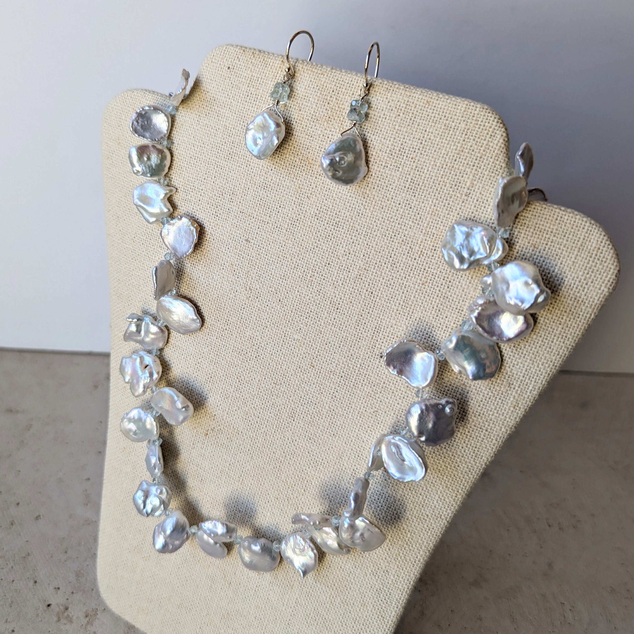 Large Keshi Petal Pearl Necklace and Earrings, Silvery White Hawaiian ...