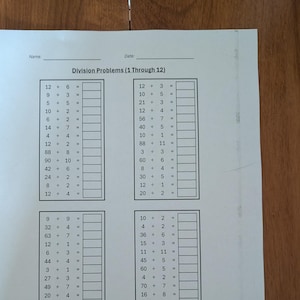 Math Division Problems, Numbers 1 - 12, Printable Educational Worksheet ...