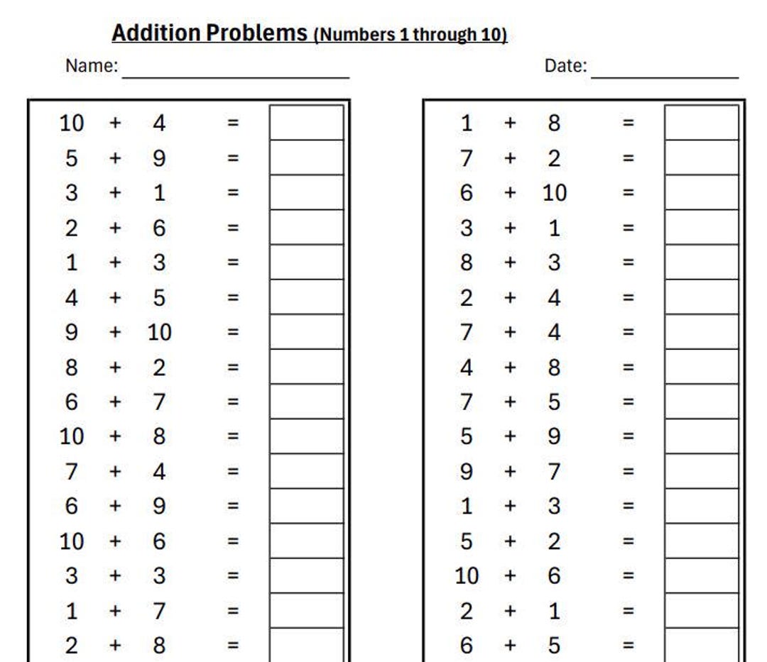 200 Addition Problems for Kids, Numbers 1 to 10, Large Print Worksheet ...