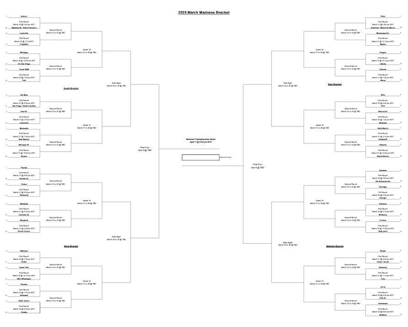 March Madness 2025 Bracket, Printable NCAA Basketball Bracket - Etsy