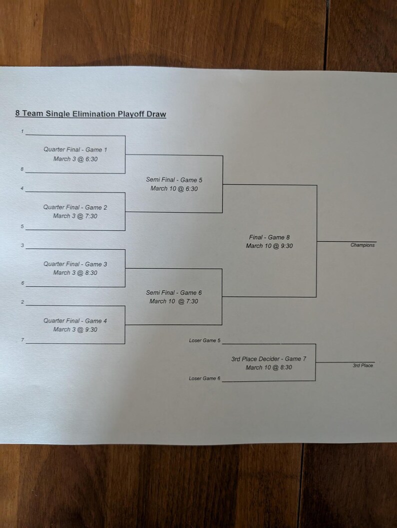 8 Team Single Elimination Excel Spreadsheet Playoff Draw - Etsy