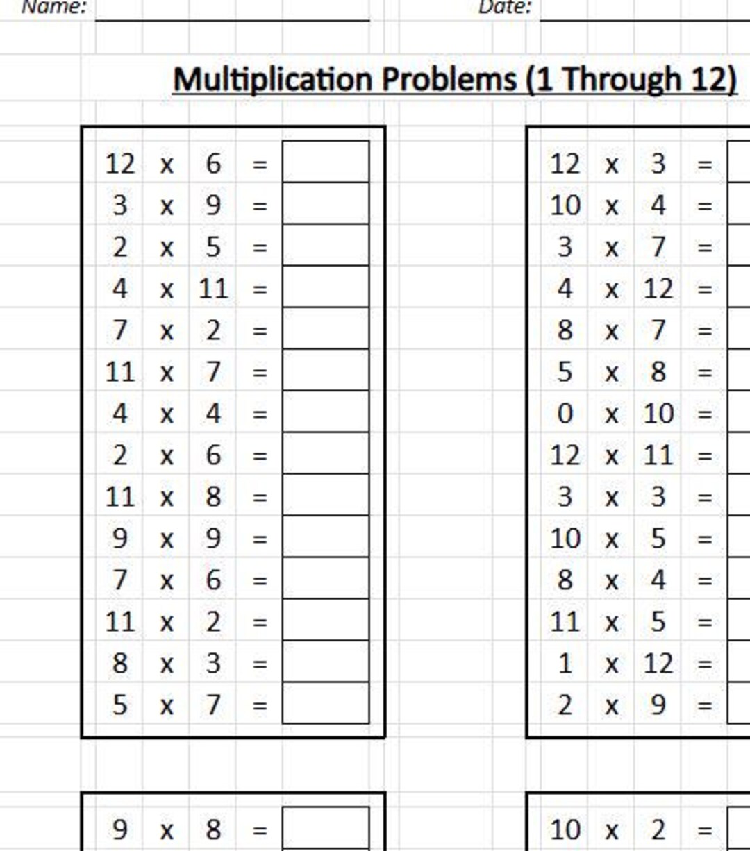 Math Multiplication Problems, Numbers 1 - 12, Printable Educational ...