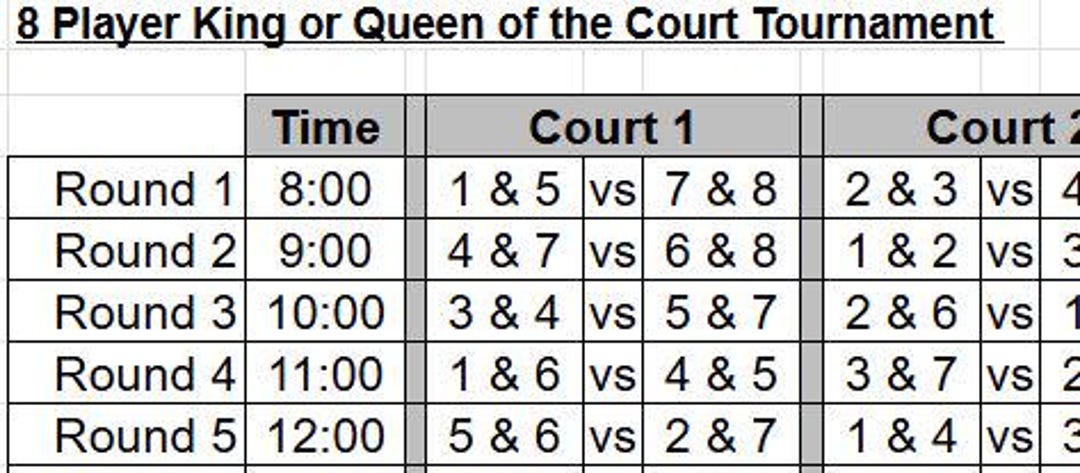 8 Player Doubles King/queen of the Court Tournament Excel Template - Etsy